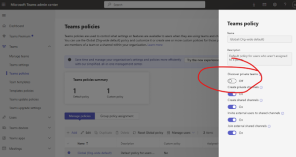 Managing the Discoverability of Private Microsoft Teams